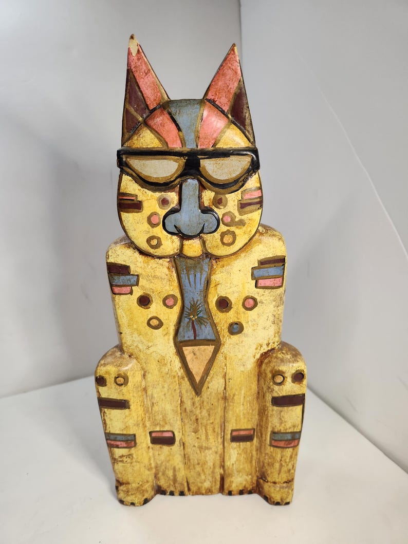 Lot of 2 Vintage Laurel Burch Style Carved Wood Cats Painted Folk Art ...