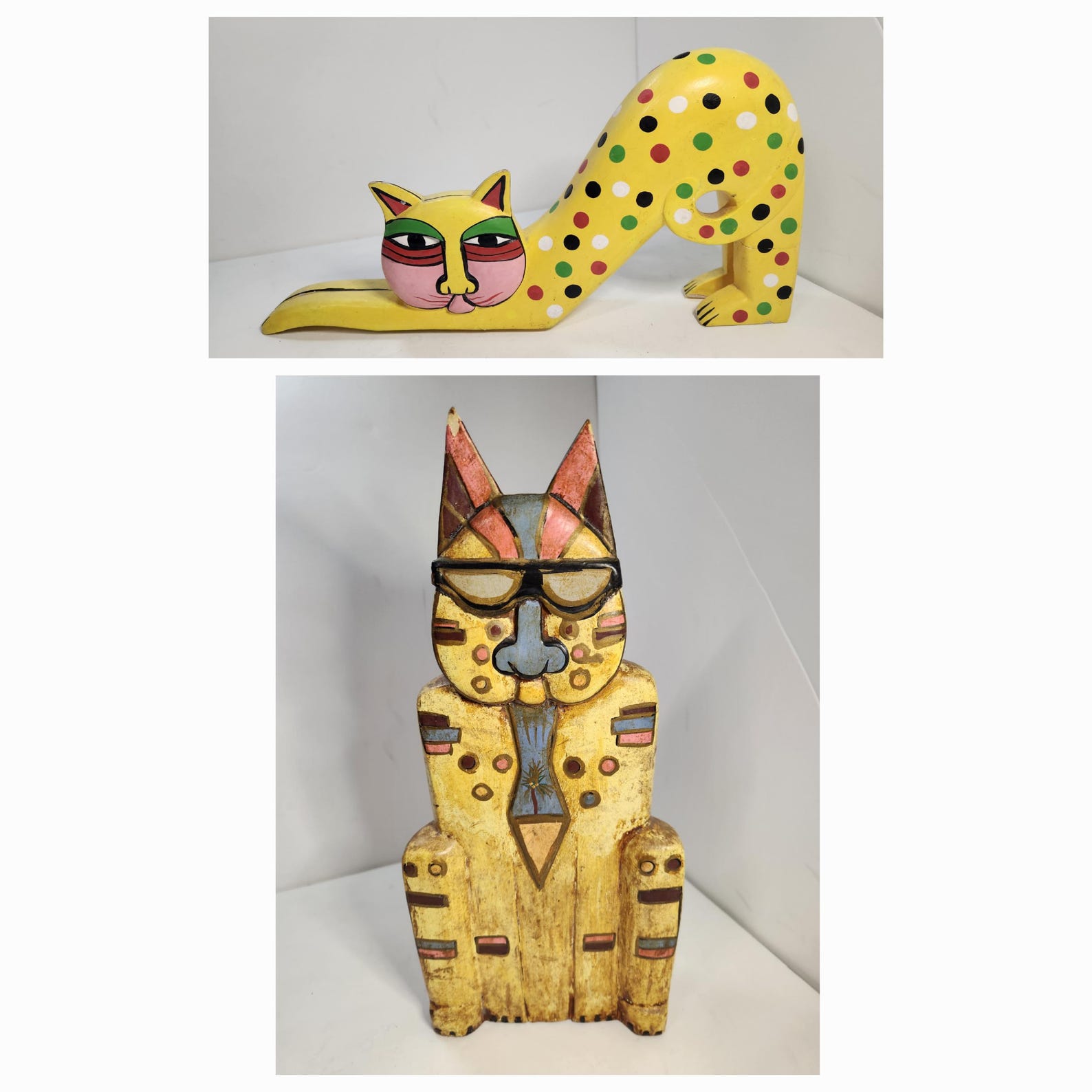 Lot of 2 Vintage Laurel Burch Style Carved Wood Cats Painted Folk Art ...