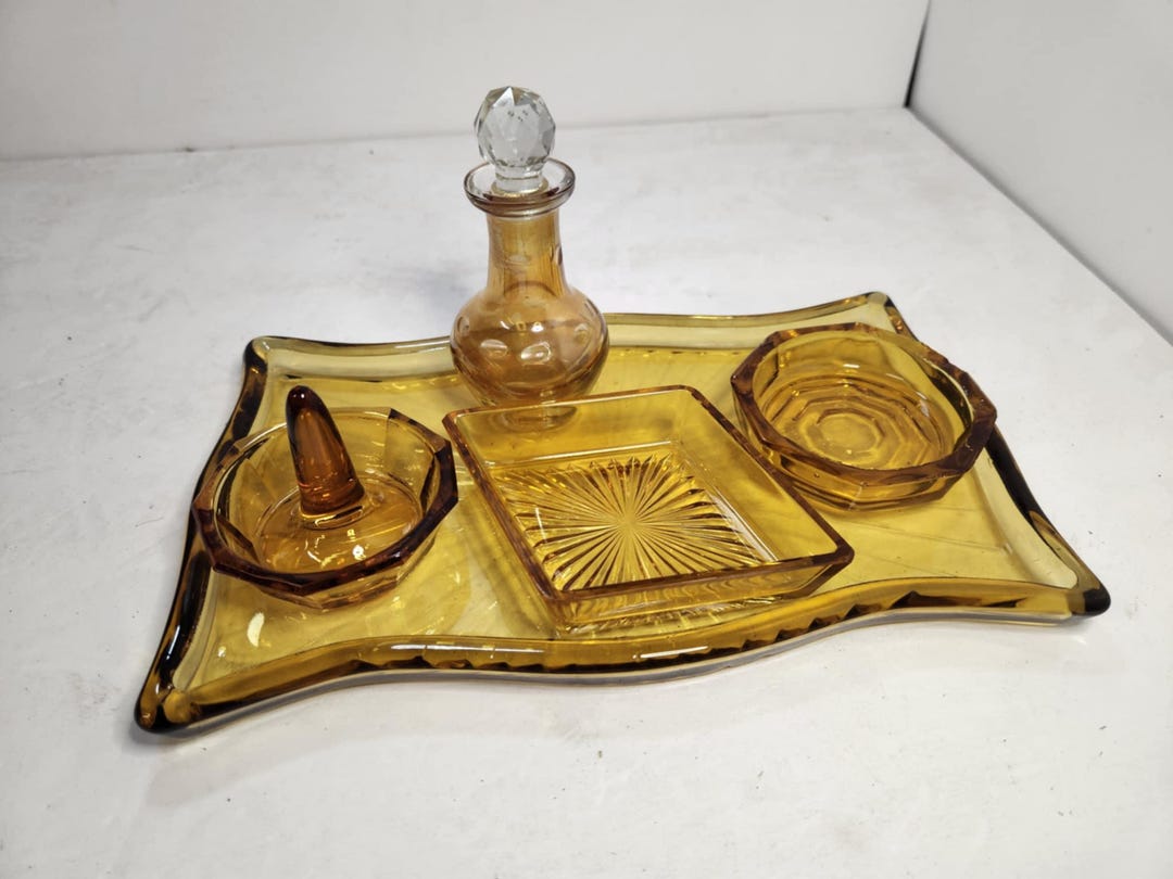 Vintage Glass Vanity Tray Set W/perfume Bottle Ring Jewelry & Makeup ...