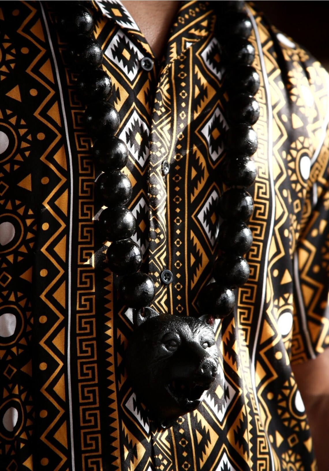 Bear Witness Black Galvanized Steel Necklace, Large Wooden Bead ...