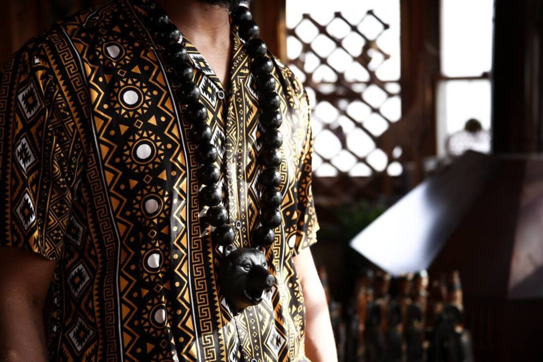 Bear Witness Black Galvanized Steel Necklace, Large Wooden Bead ...