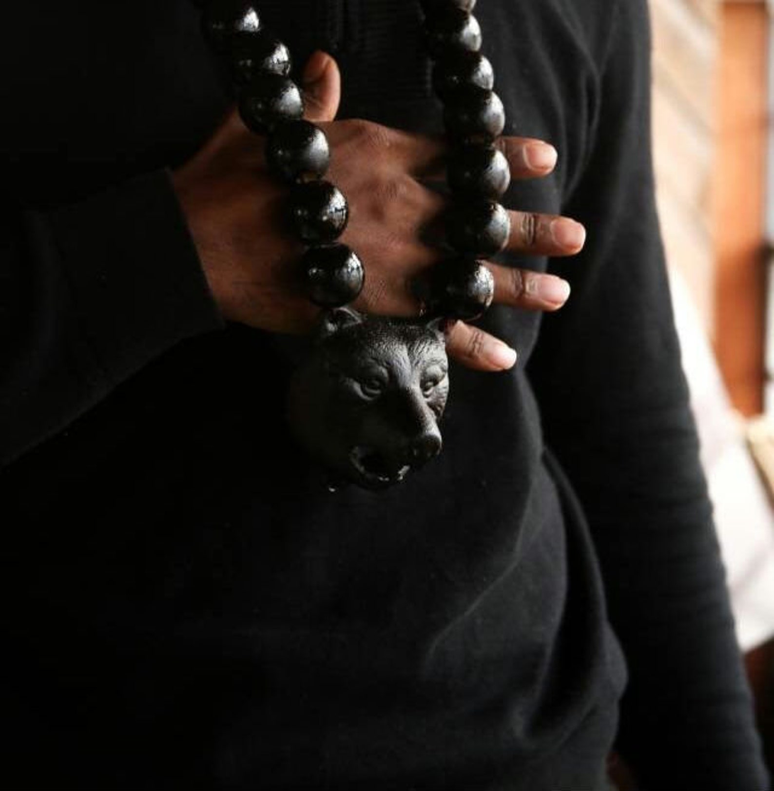Bear Witness Black Galvanized Steel Necklace, Large Wooden Bead ...