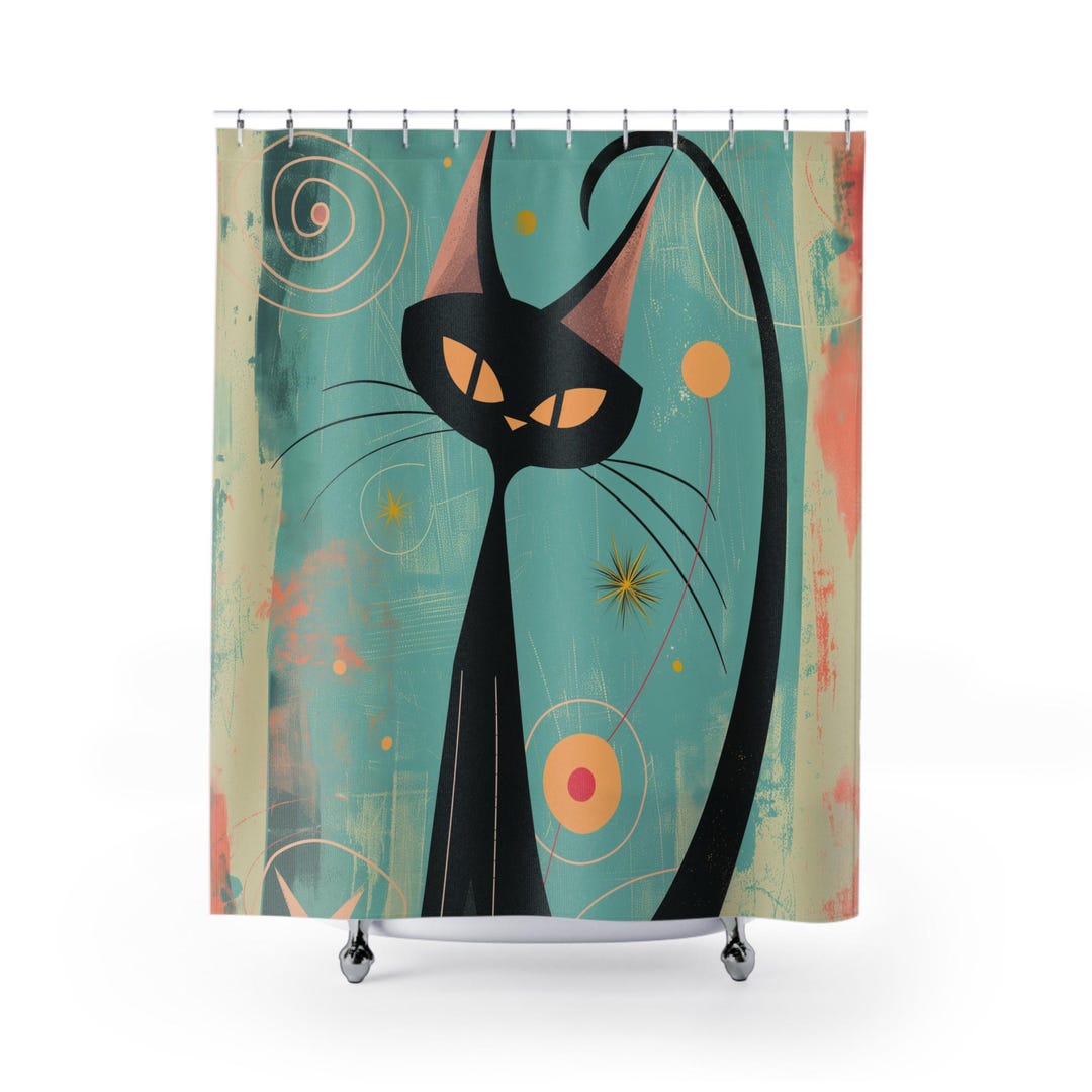 Chic Atomic Cat Mid-century Shower Curtain | Retro Black Feline ...