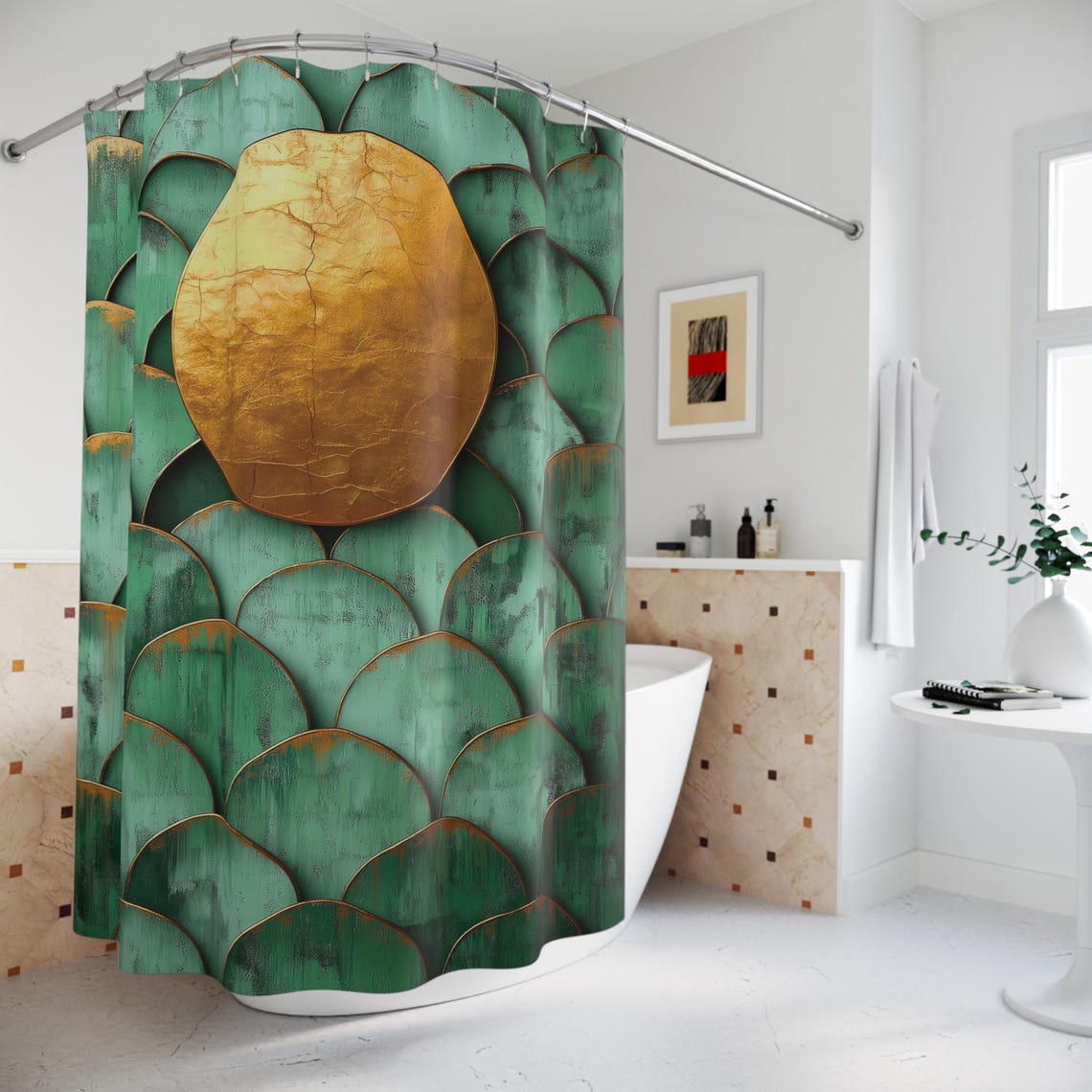 Emerald Green Art Deco Shower Curtain With Gold Sunburst, Glam Vintage ...