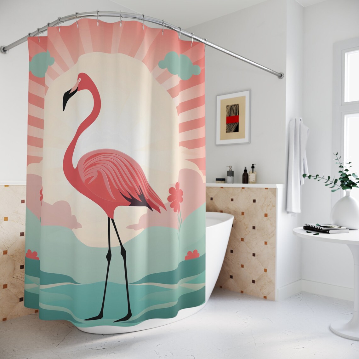 Art Deco Dawn Flamingo Shower Curtain Retro Sunrise, Pastel Hues, Tropical Bathroom Oasis, Pink ...