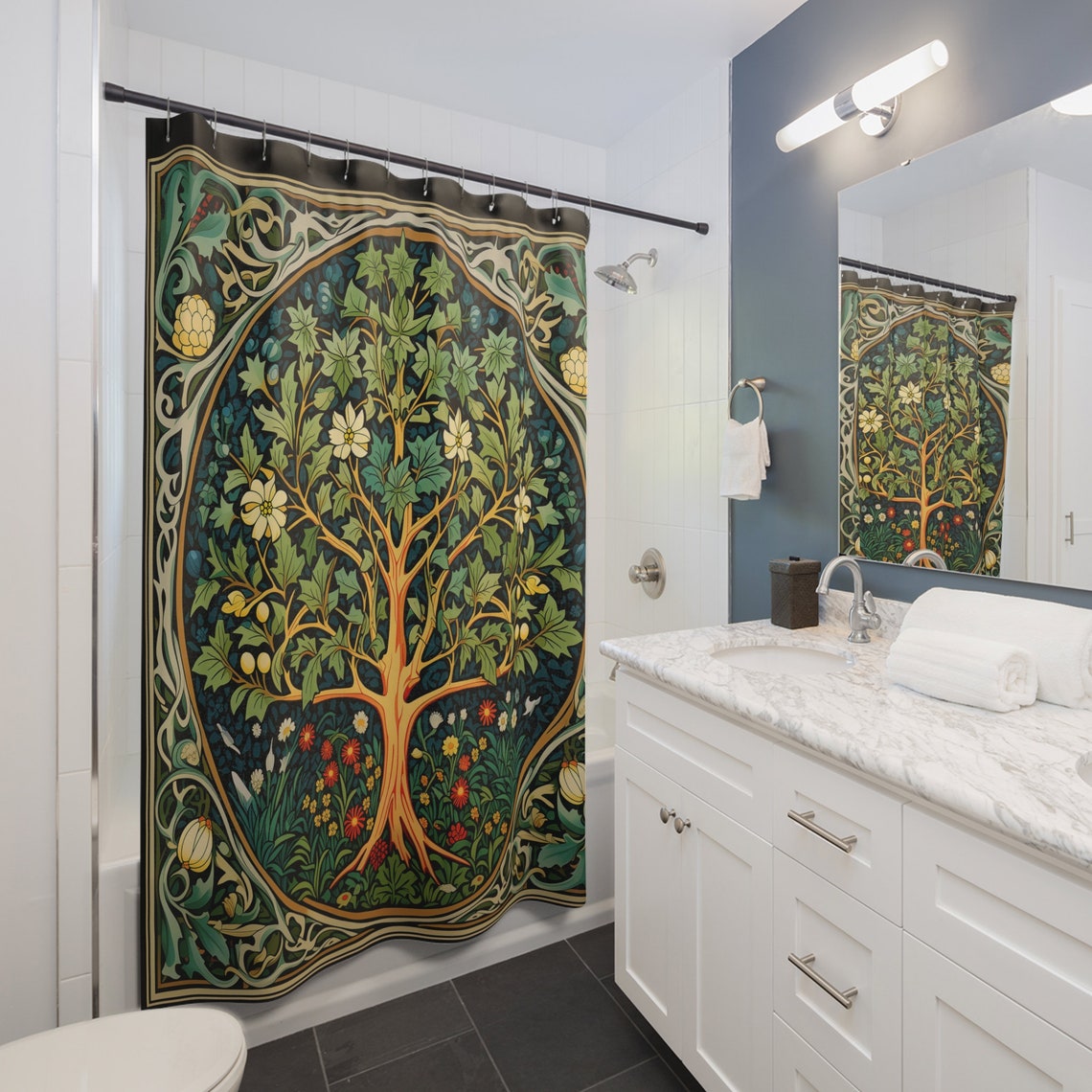 Celtic Tree of Life Shower Curtain, William Morris Inspired Cottagecore ...