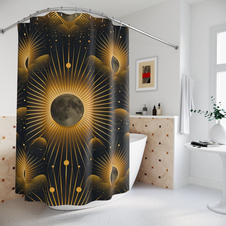 Celestial Sun and Moon Shower Curtain Cosmic Design, Golden Rays and ...
