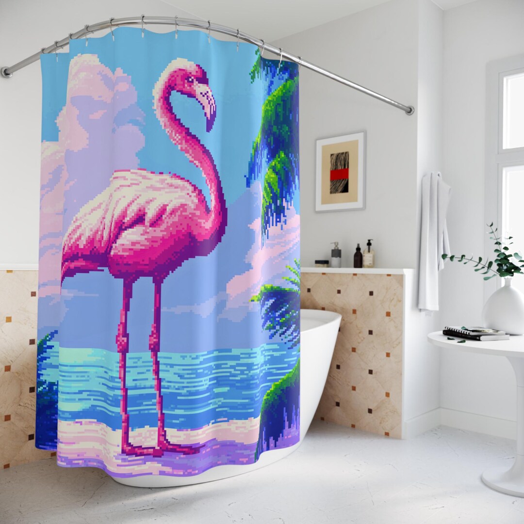 Retro Flamingo Pixel Art Shower Curtain, Vibrant Tropical Design, 80s ...