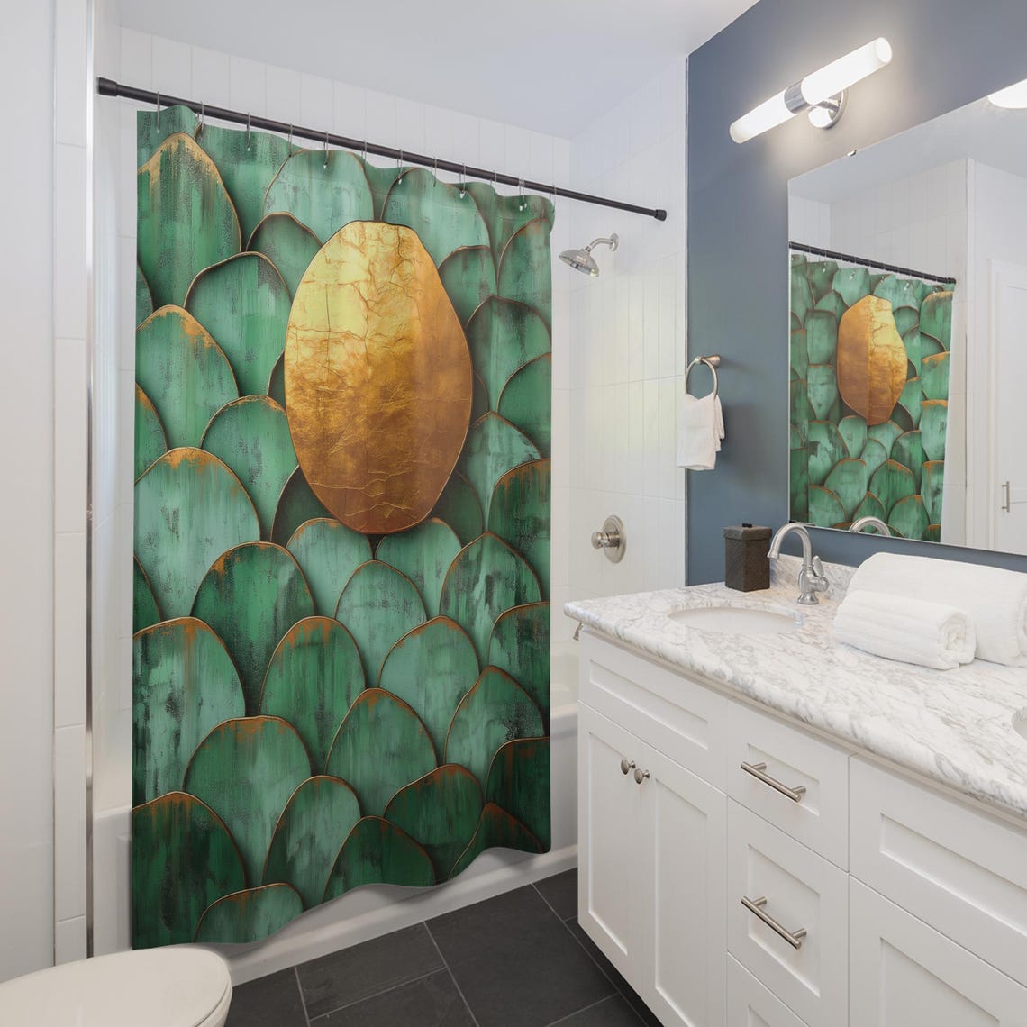 Emerald Green Art Deco Shower Curtain With Gold Sunburst, Glam Vintage ...