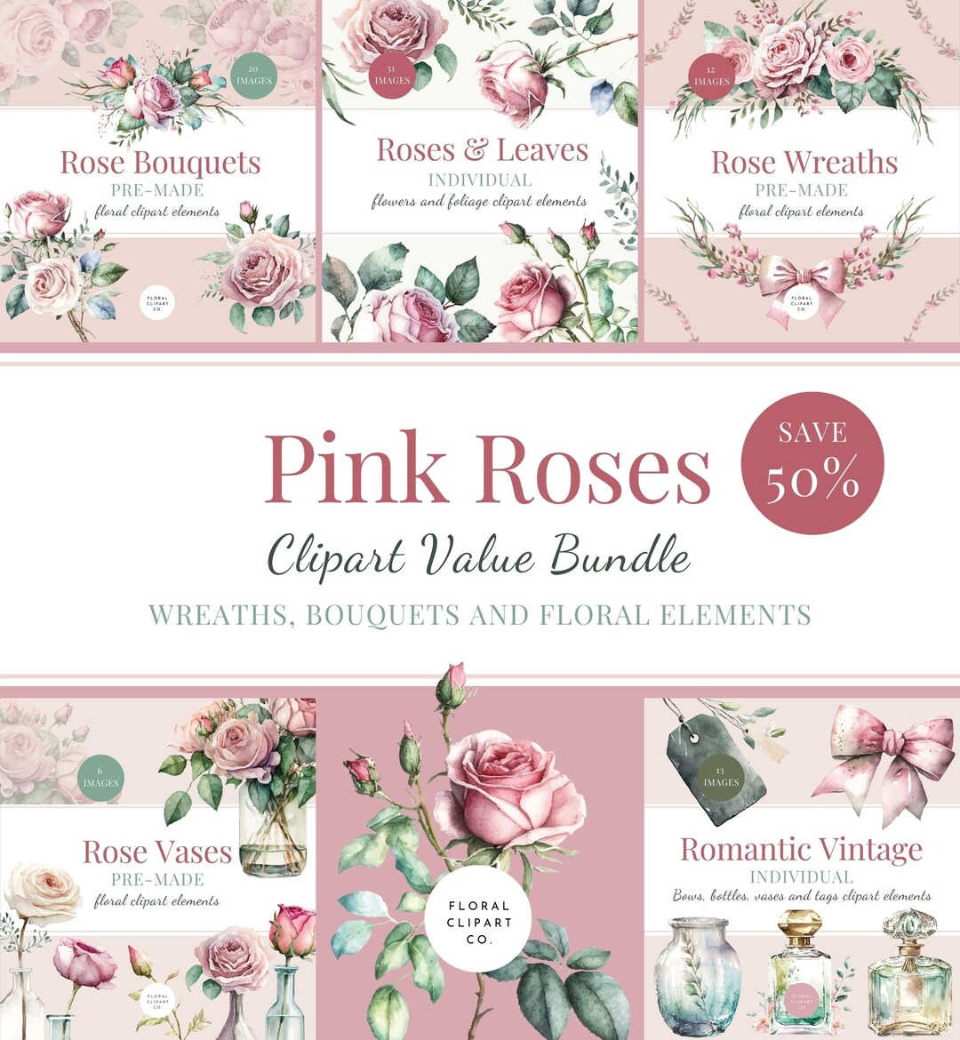 Roses Clipart Bundle, Pink Watercolor Flowers, Romantic Wreaths, Floral ...