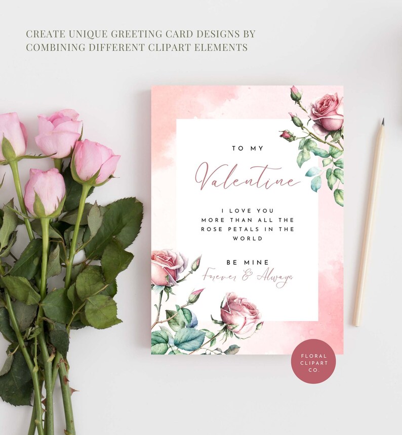 Roses Clipart, Pink Watercolor Flowers Clipart, Rose Petals, Green ...