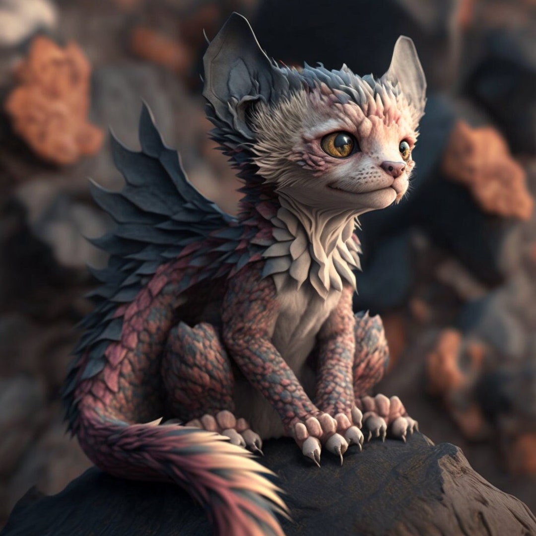 Cute Cat Dragon, Digital Art, AI Generated Art, Wall Art - Etsy
