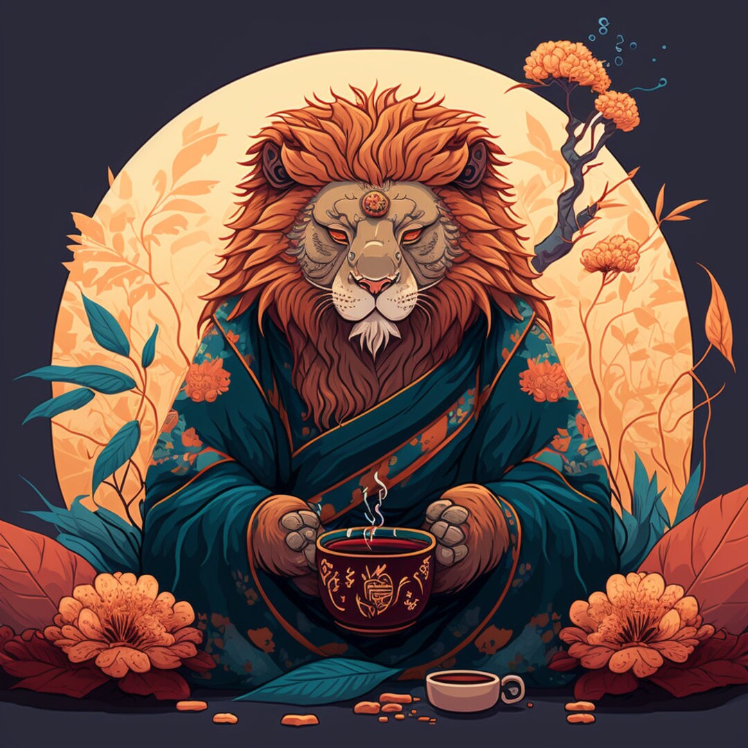 Tea Ceremony, Lion, Relaxation, Zen, AI Generated Art, Wall Decor ...