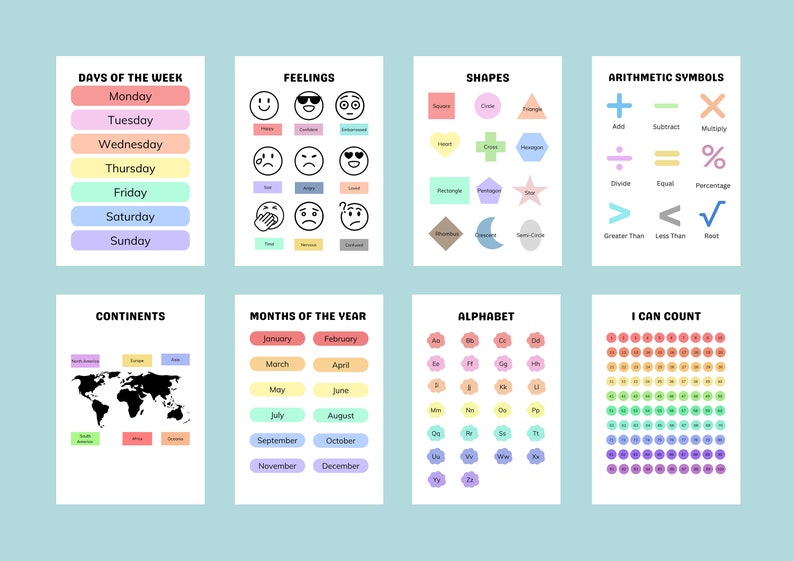 Set of 16 Educational Posters in Pastel, Homeschool Prints, Montessori ...
