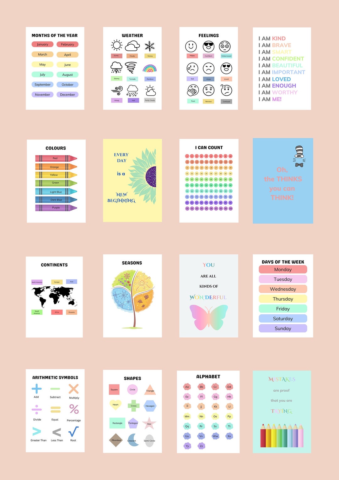Set of 16 Educational Posters in Pastel, Homeschool Prints, Montessori ...