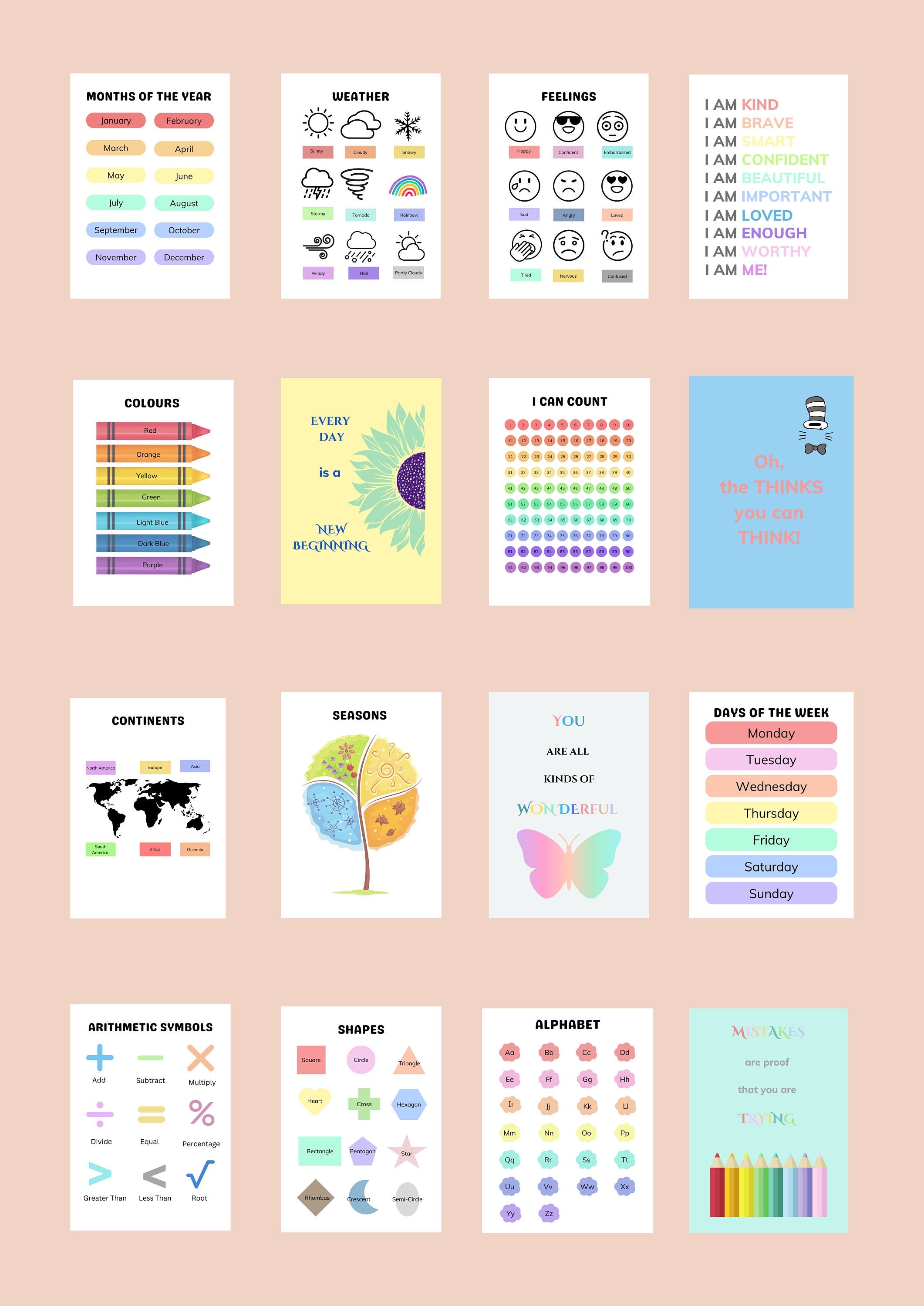 Set of 16 Educational Posters in Pastel, Homeschool Prints, Montessori ...