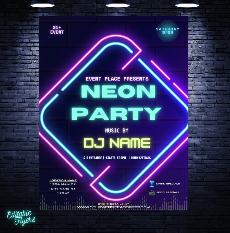 EDITABLE Party Flyer, Neon Theme, Club Flyer Template, DJ Party Flyer,night Club Flyer, Social ...