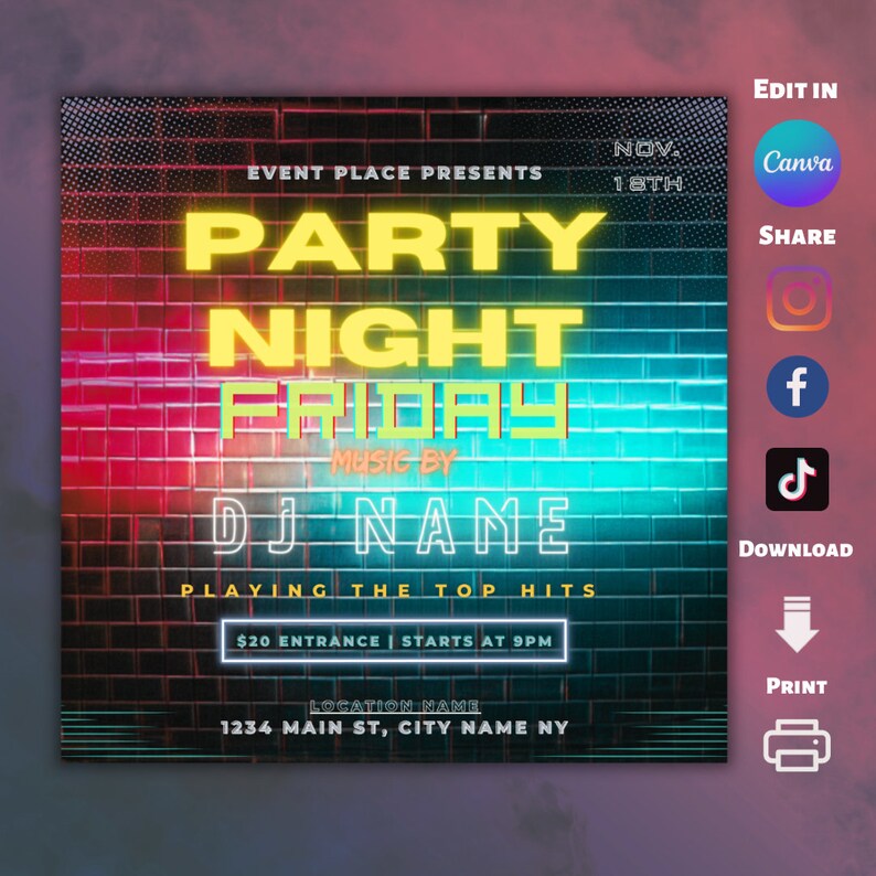 Editable Party Flyer Template, DJ Flyer, Nighctlub Flyer, Rave Party ...