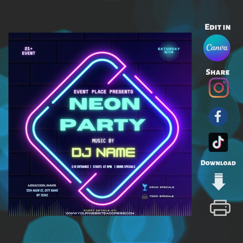 EDITABLE Party Flyer, Neon Theme, Club Flyer Template, DJ Party Flyer ...