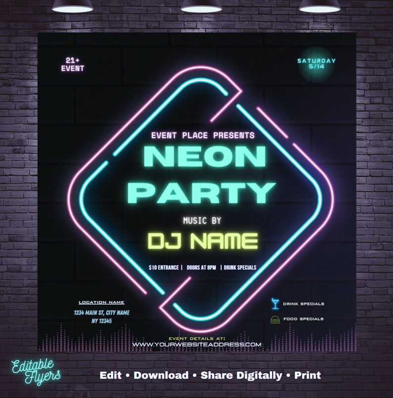 EDITABLE Party Flyer, Neon Theme, Club Flyer Template, DJ Party Flyer ...
