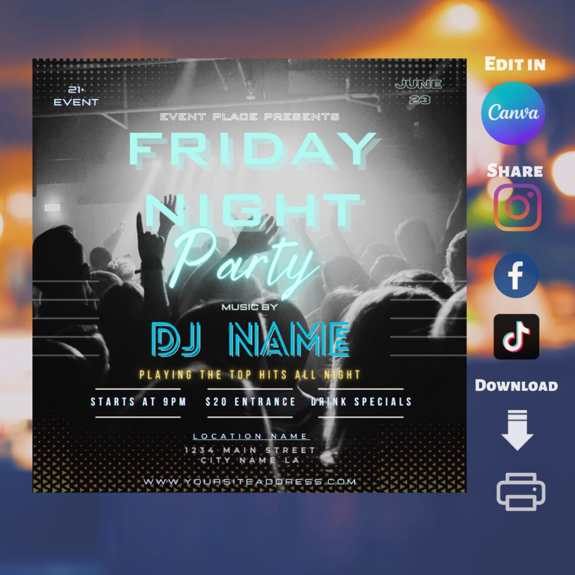 Editable Flyer Template for Party Events DJ Flyer, Club Flyer Print or ...