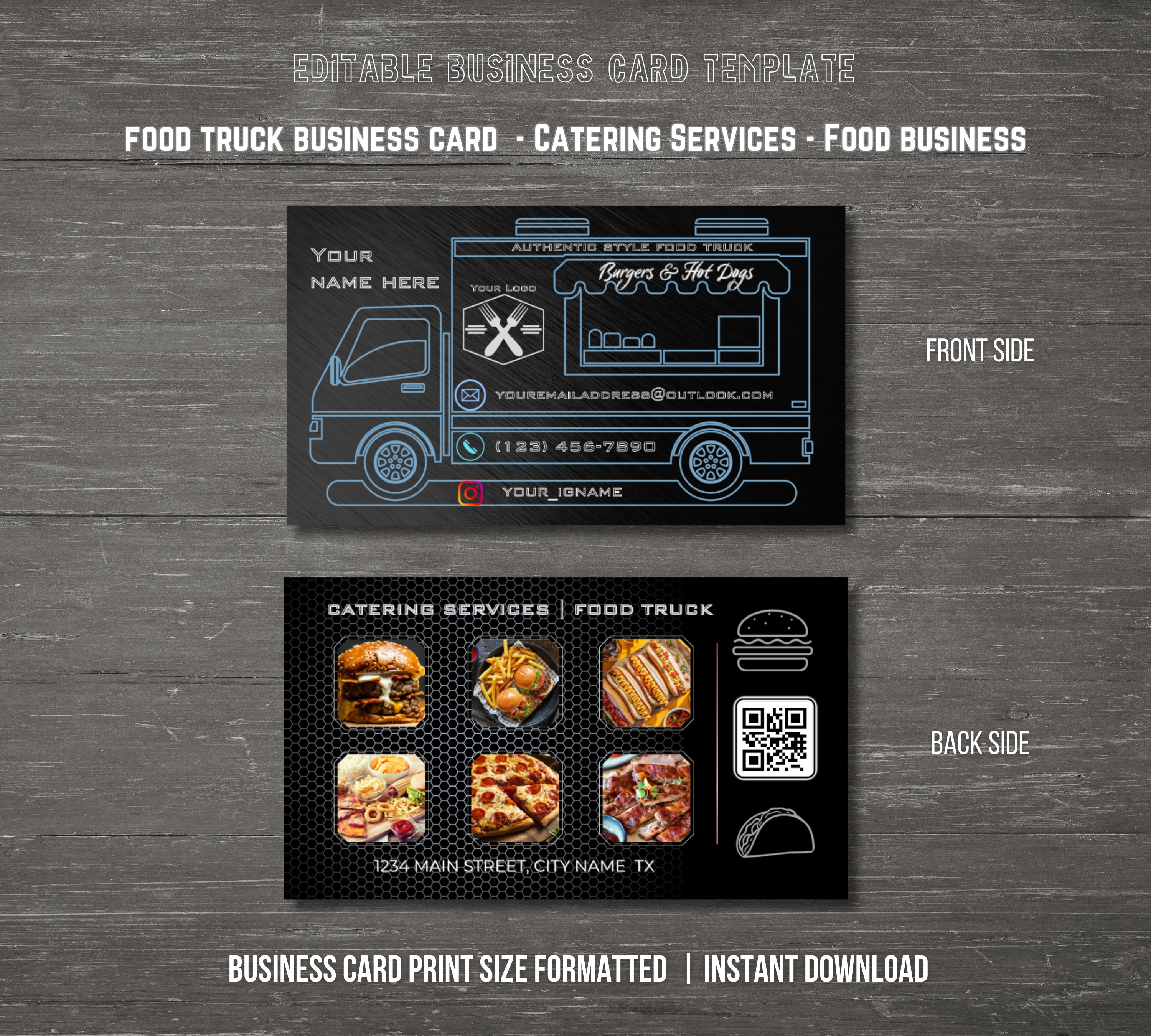 Editable Business Card for Food Truck or Catering - Edit in Canva ...