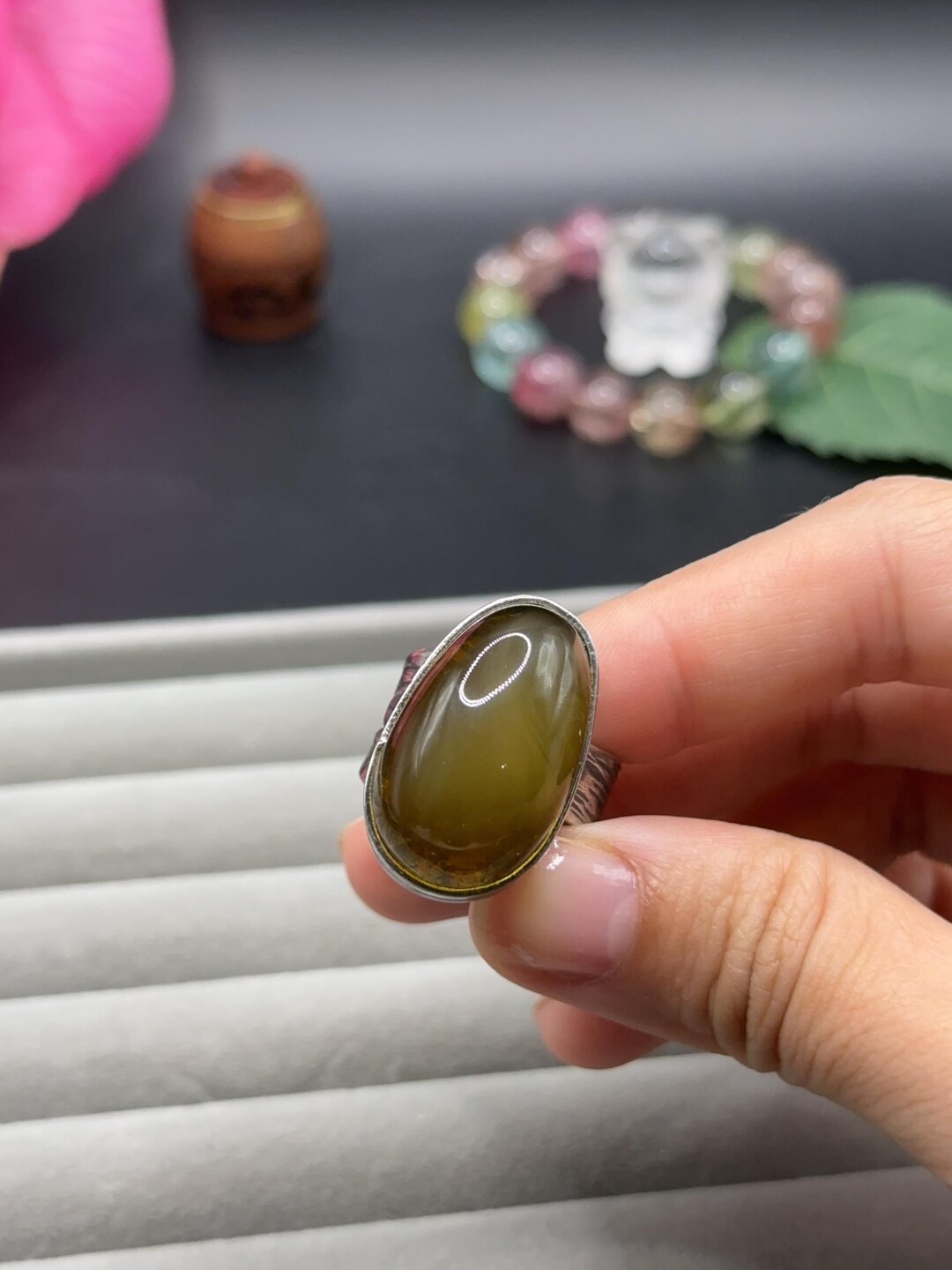 Large Oval Shaped Green Amber 925 Sterling Silver Ring | Handmade Ring ...