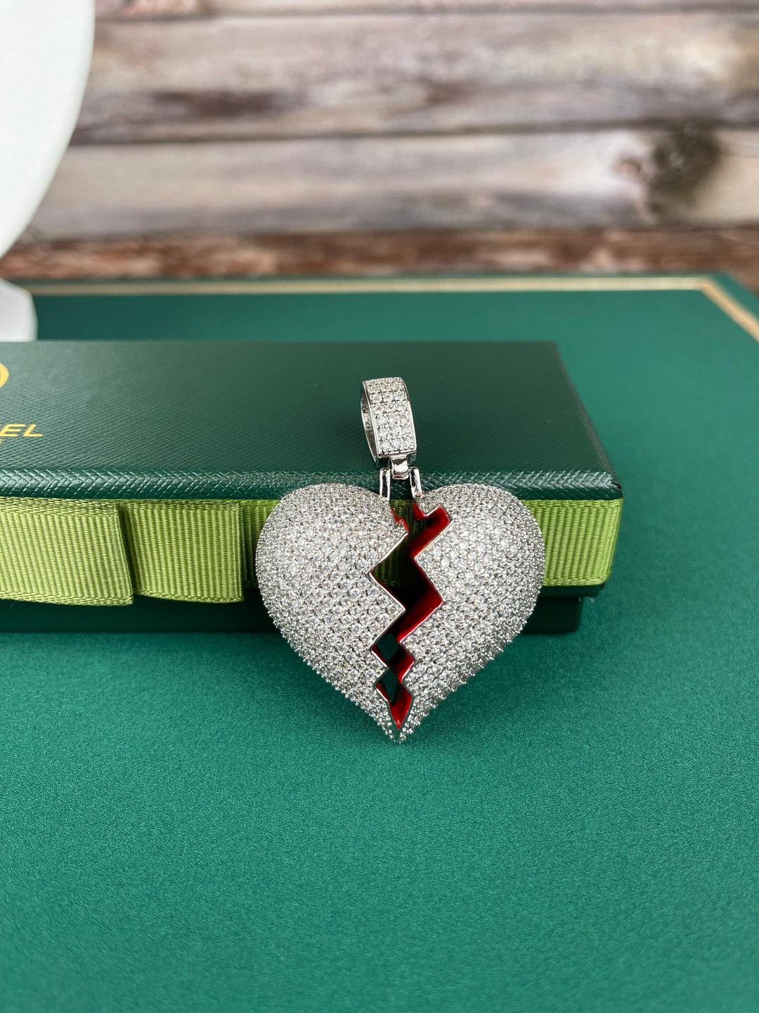 Broken Heart Pendant Fully Iced Out Bling Hip Hop Style Men Gift Cubic ...
