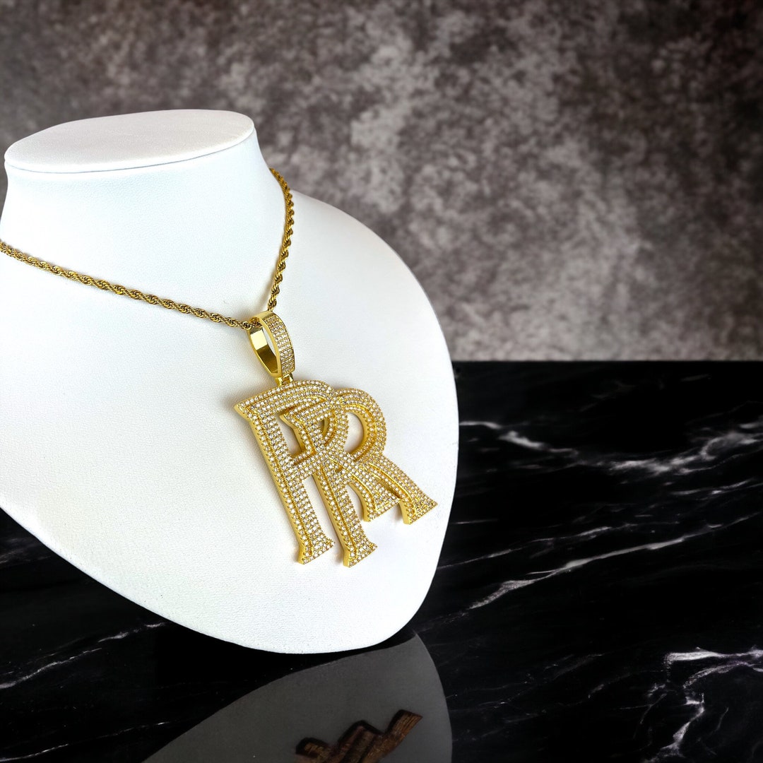 Iced Out RR Pendant Hip-hop Necklace Bling Stones Rapper Jewelry Silver ...