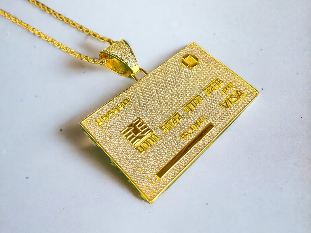 Fully Iced Out Credit Card 14k Gold Plated Pendant Bling Hip Hop Style ...