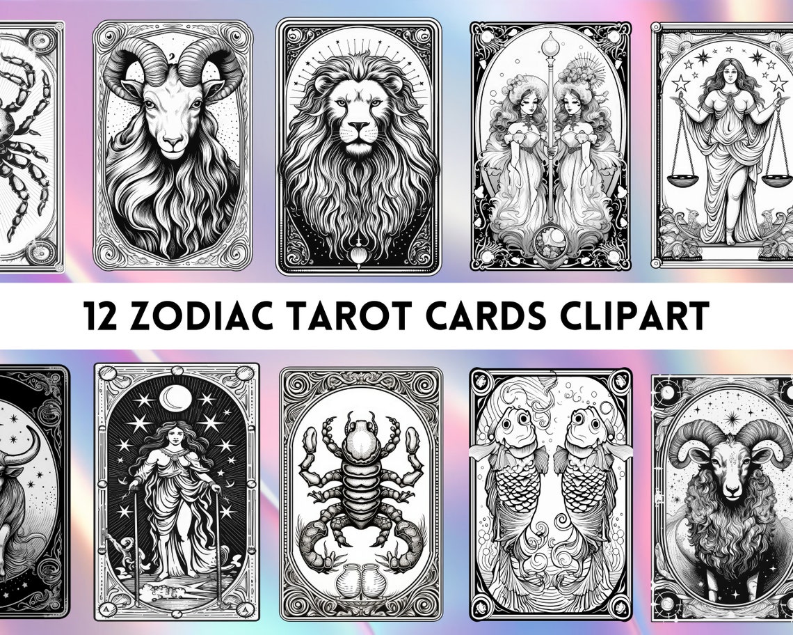 Printable Zodiac Tarot Cards Clipart, 12 Zodiac Cards Png, Zodiac ...