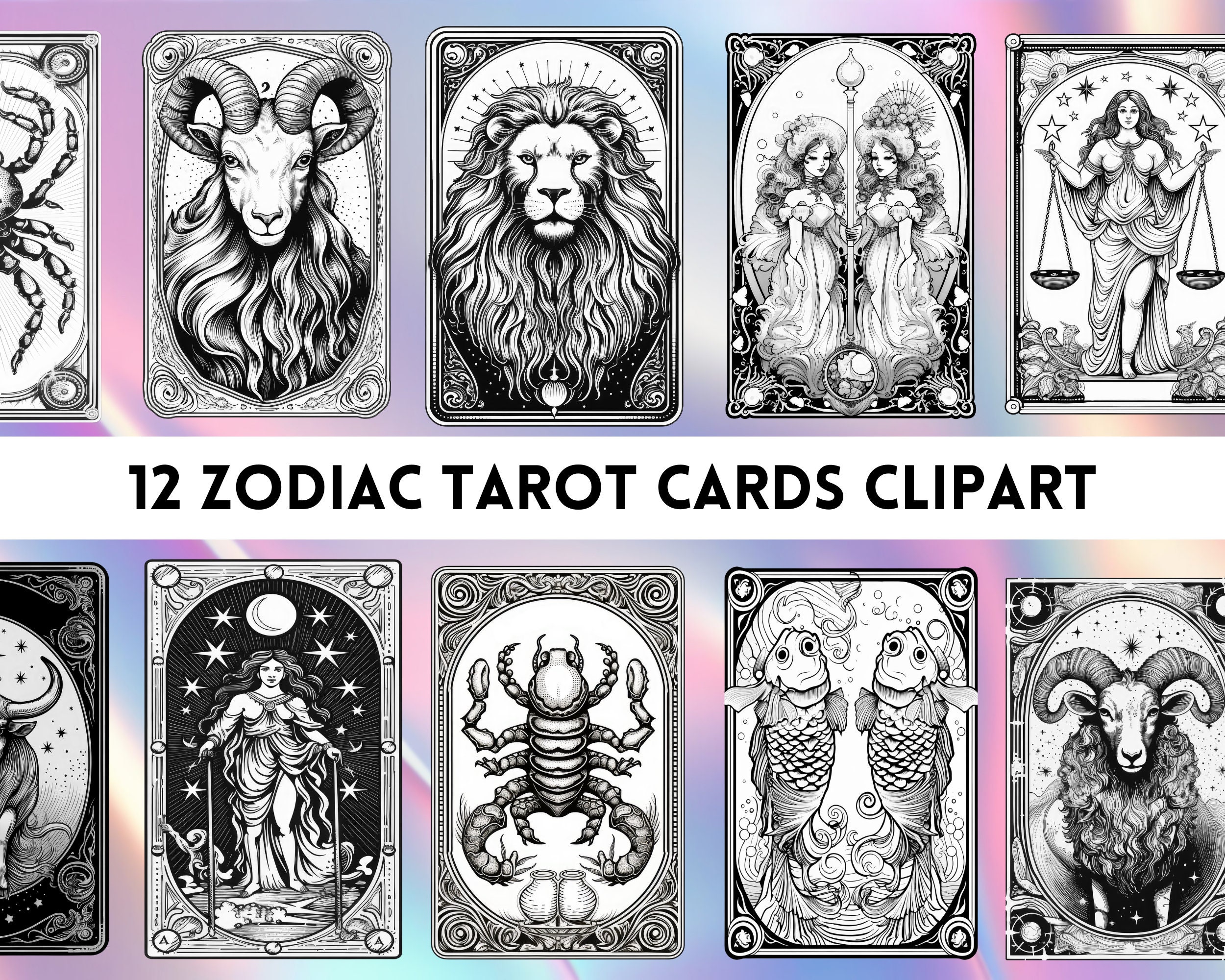 Printable Zodiac Tarot Cards Clipart, 12 Zodiac Cards Png, Zodiac ...