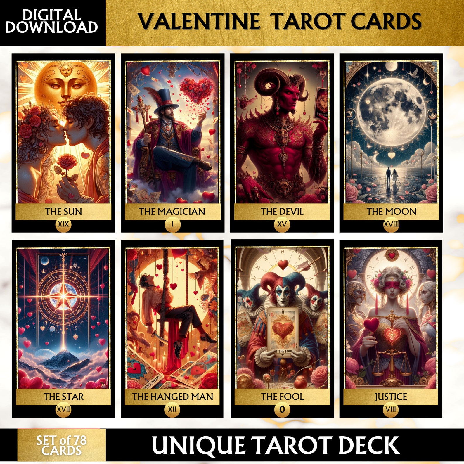 Valentine's Day Tarot Deck Love Tarot Deck Digital Tarot Deck Printable ...