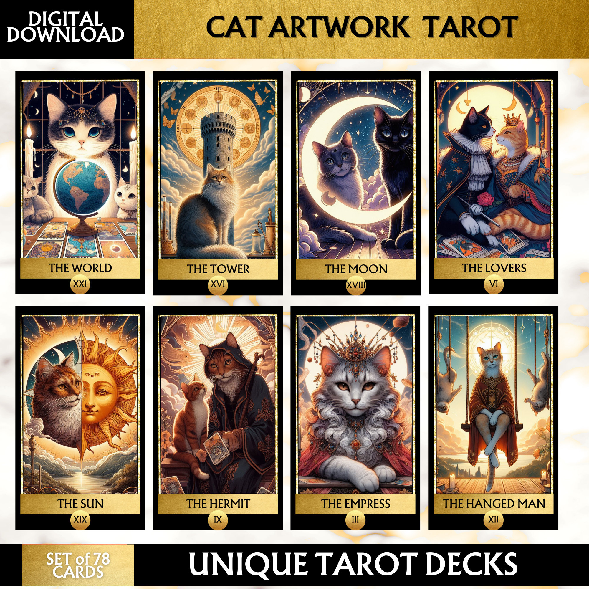 Printable 78 Cat Tarot Deck, Digital Cat Lovers Tarot Cards, Full Deck Tarot Cards, Printable ...