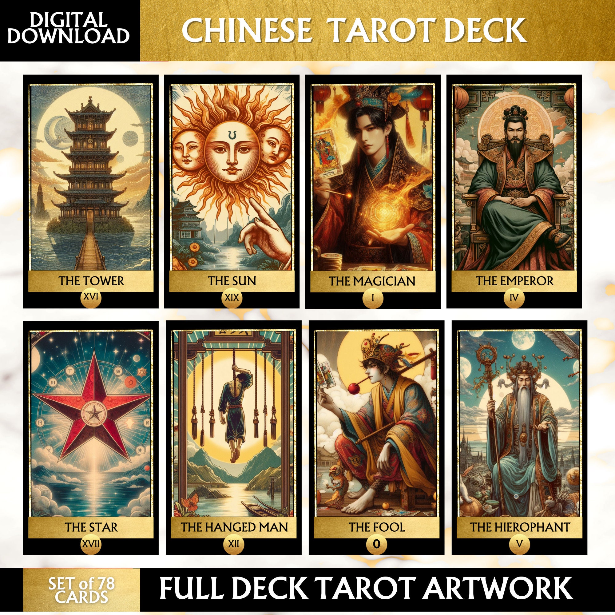 78 Tarot Cards Deck Chinese Tarot Deck Digital Asian Artwork Printable ...