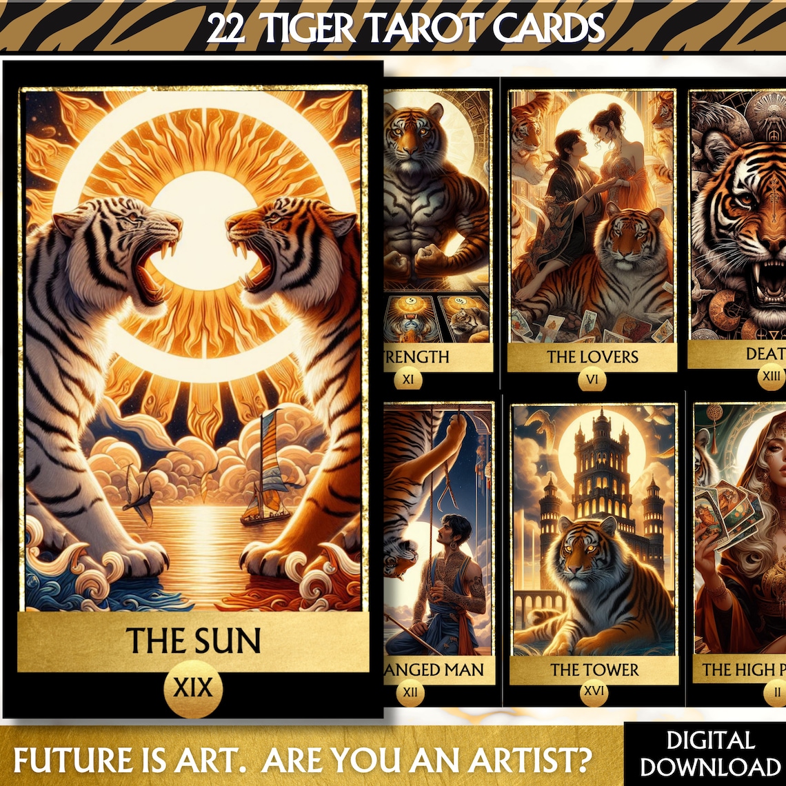 Tiger 22 Major Arcana Tarot Cards, Printable Tarot Deck Digital Animal ...