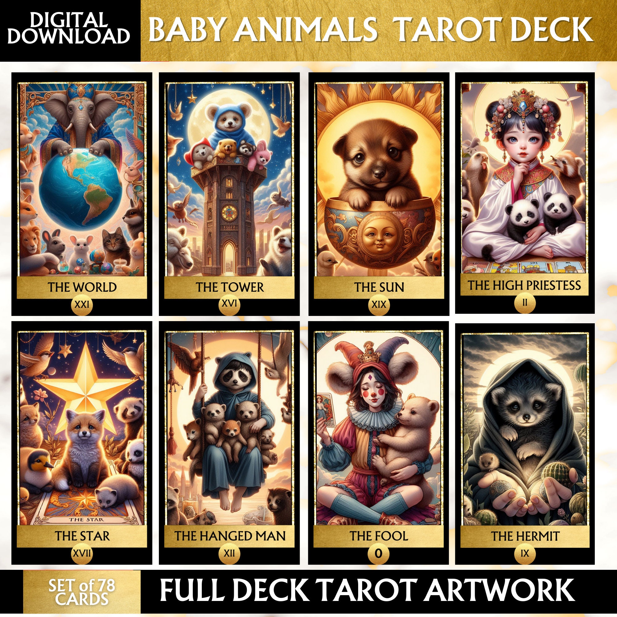 78 Tarot Cards Deck Baby Animals Tarot Deck Printable Animals Tarot ...