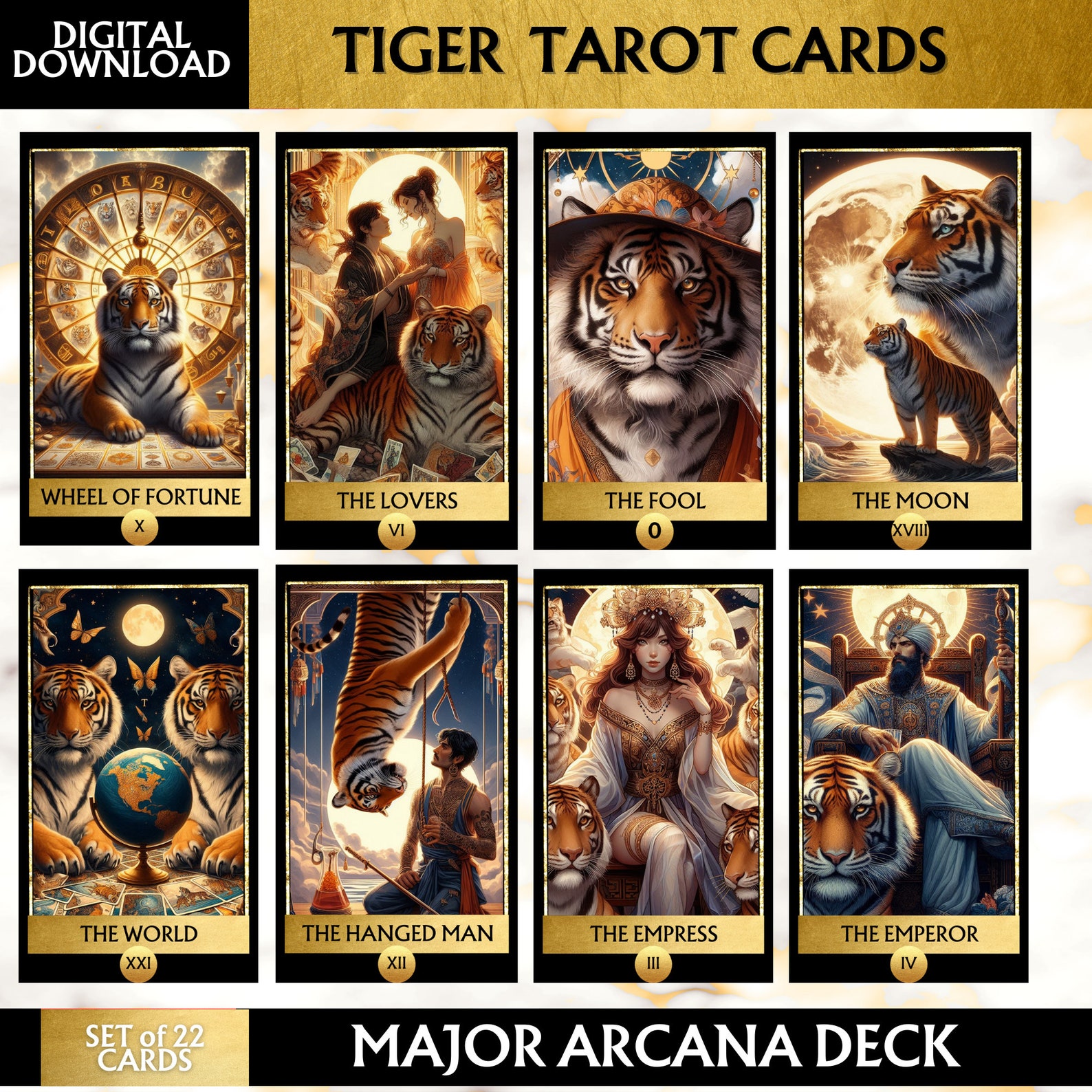 Tiger 22 Major Arcana Tarot Cards, Printable Tarot Deck Digital Animal ...