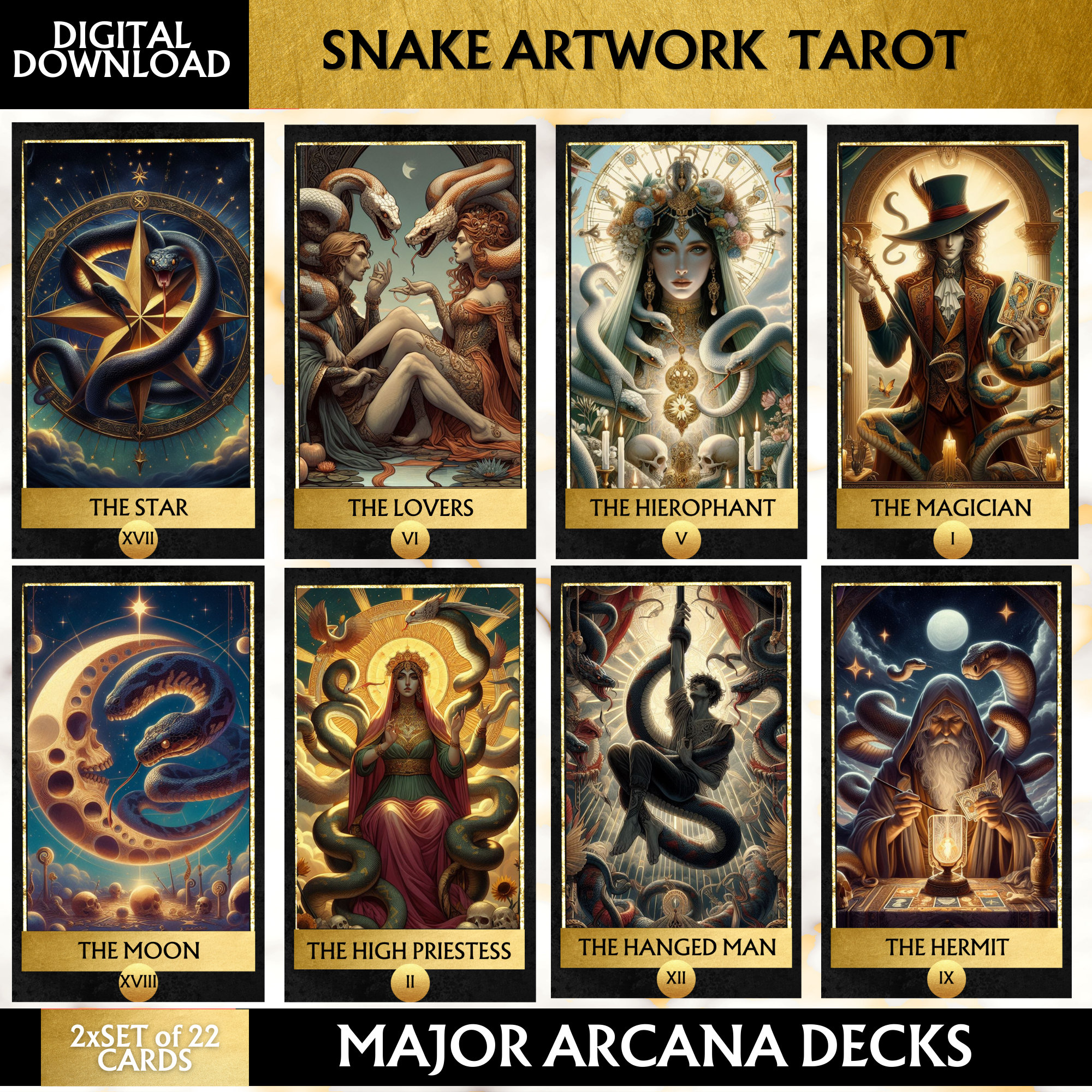Digital 78 Snake Tarot Cards, Printable Tarot Deck Digital Cards Deck ...