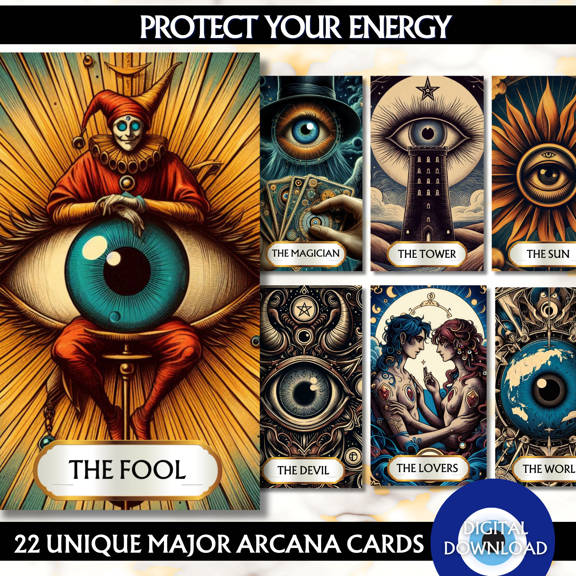 Digital Evil Eye 22 Major Arcana Tarot Cards Deck Printable Tarot Cards ...