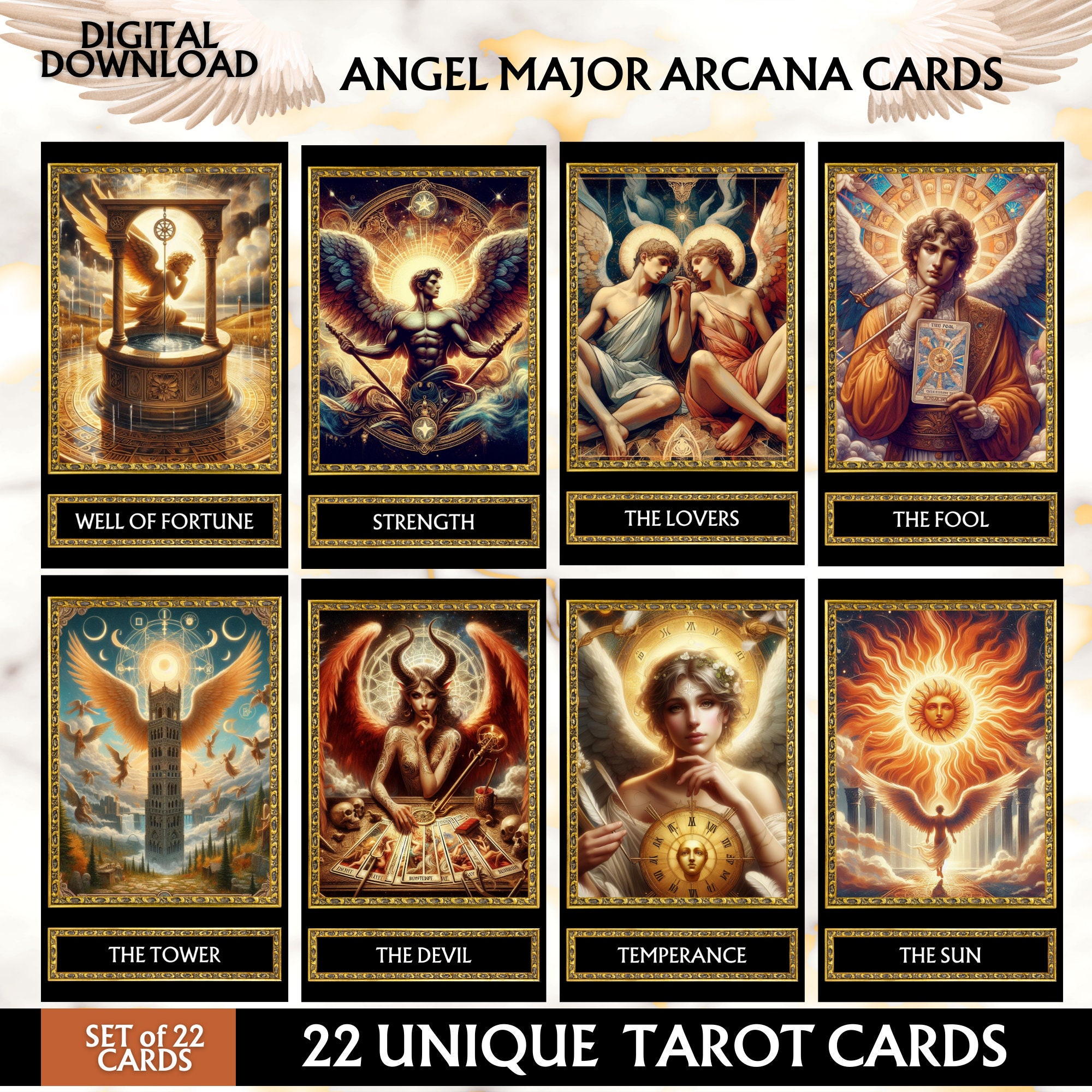 Angel Tarot Deck Printable 22 Major Arcana Set Unique Angel Wings ...