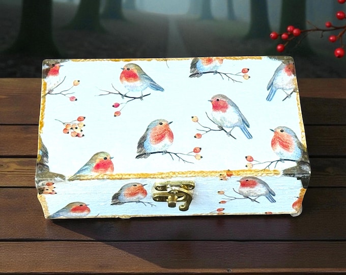 Decoupage Jewelry Box: Vintage Robin Bird Keepsake, Distressed Blue ...