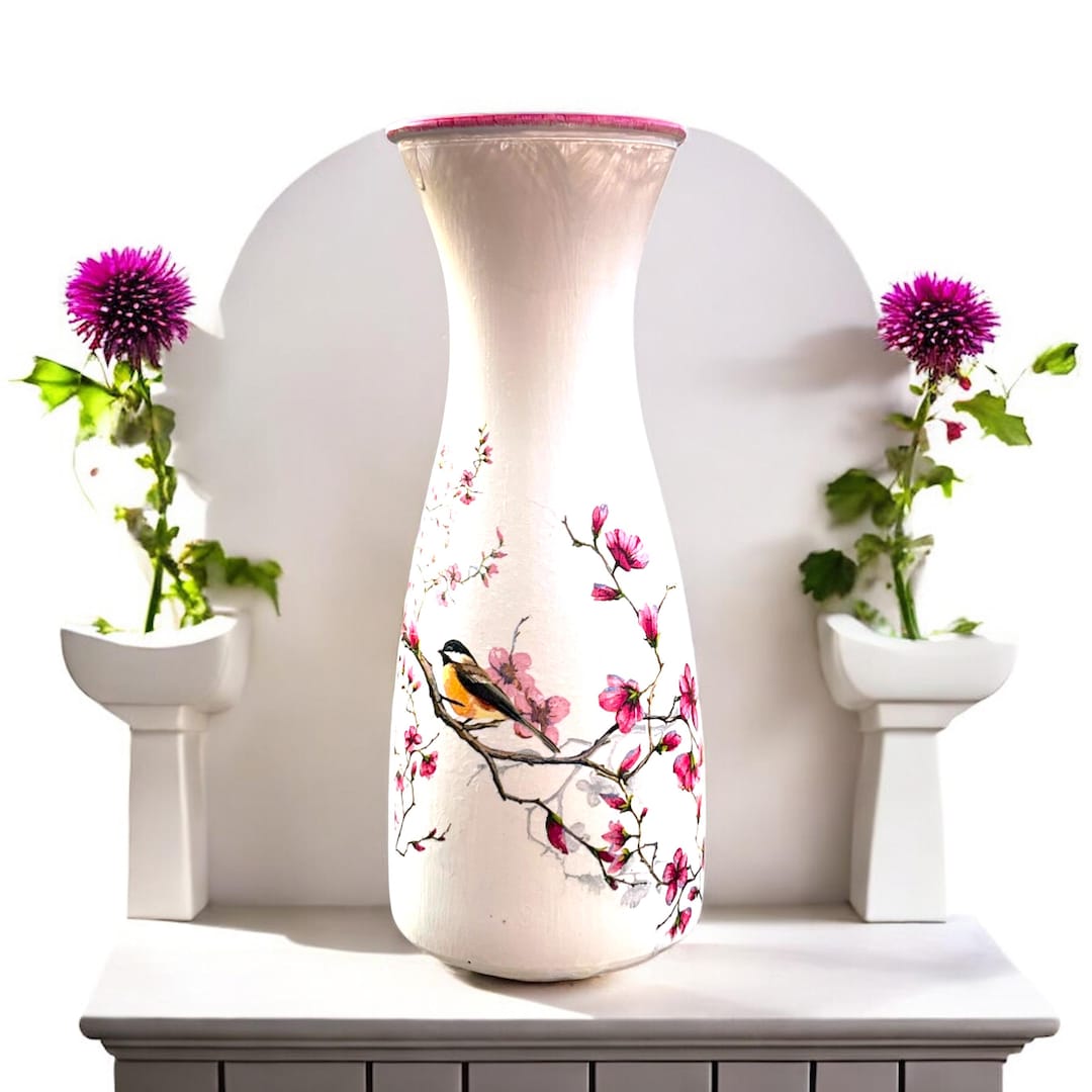 Glass Vase, Bird and Blossom, Blossom Vase, Pink Blossom Decor, Bird ...