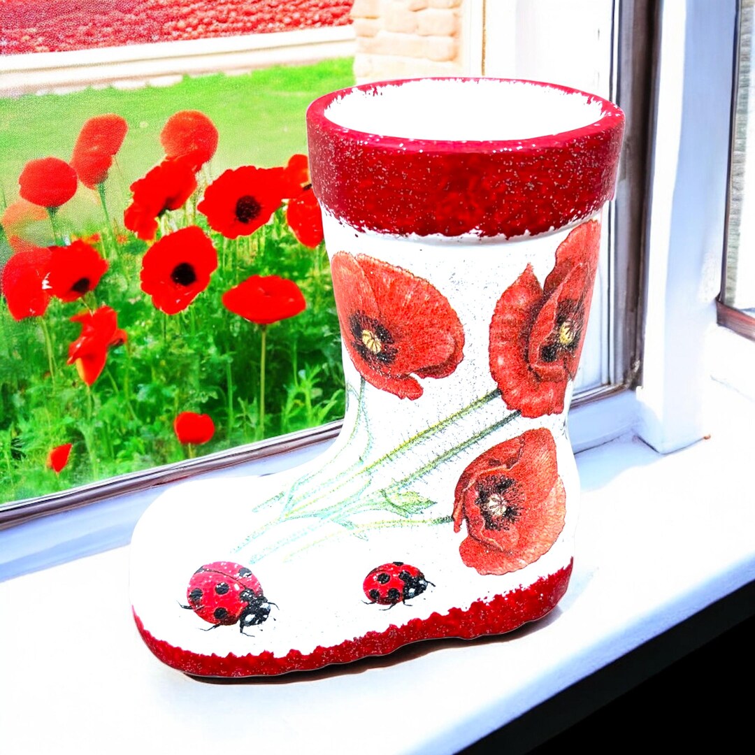 Poppy Plant Pot, Wellie Planter, Rain Boot Planter, Poppy Gifts, Unique ...