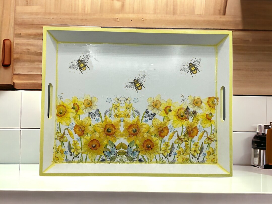Handcrafted Daffodil and Bee Bamboo Lap Tray - Eco-friendly Serving ...