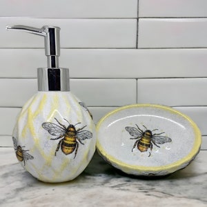 Bee Soap Dispenser and Dish Set Handcrafted Ceramic Honeybee Bathroom ...