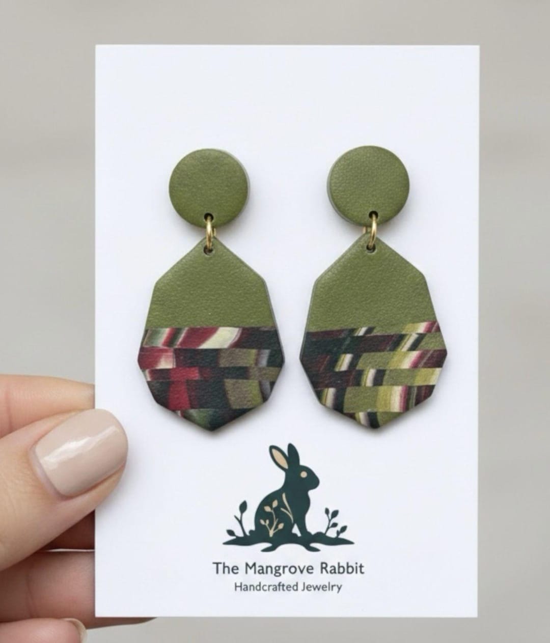 Handmade Polymer Clay Large Dangle Earrings Crimson Ecru Green Stripe ...