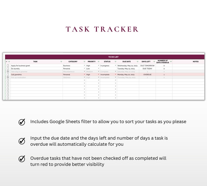 Task Tracker Spreadsheet Checklist Template Digital to Do - Etsy