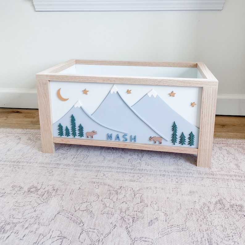 Personalized Snow-capped Mountain Toy Chest: Baltic Birch, Natural Oak ...