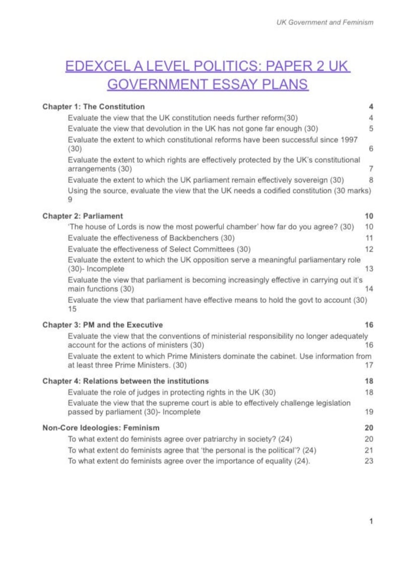 Edexcel A Level Politics: PAPER 2 UK Government Essay Plans - Etsy